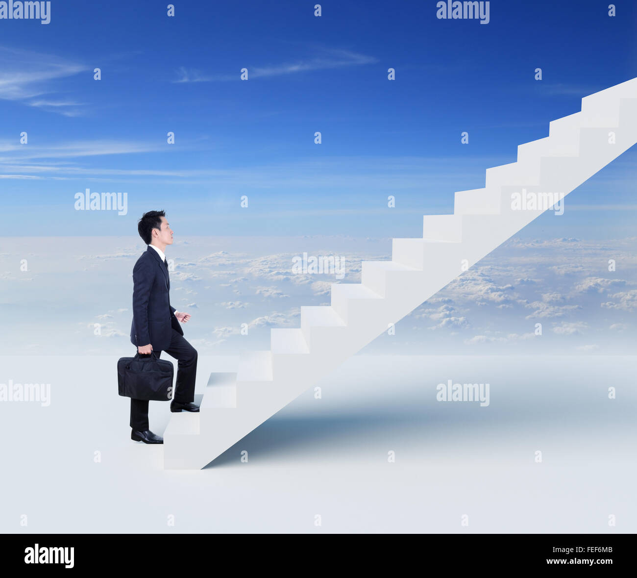 Business man stepping up on stairs with cloud and sky background ...