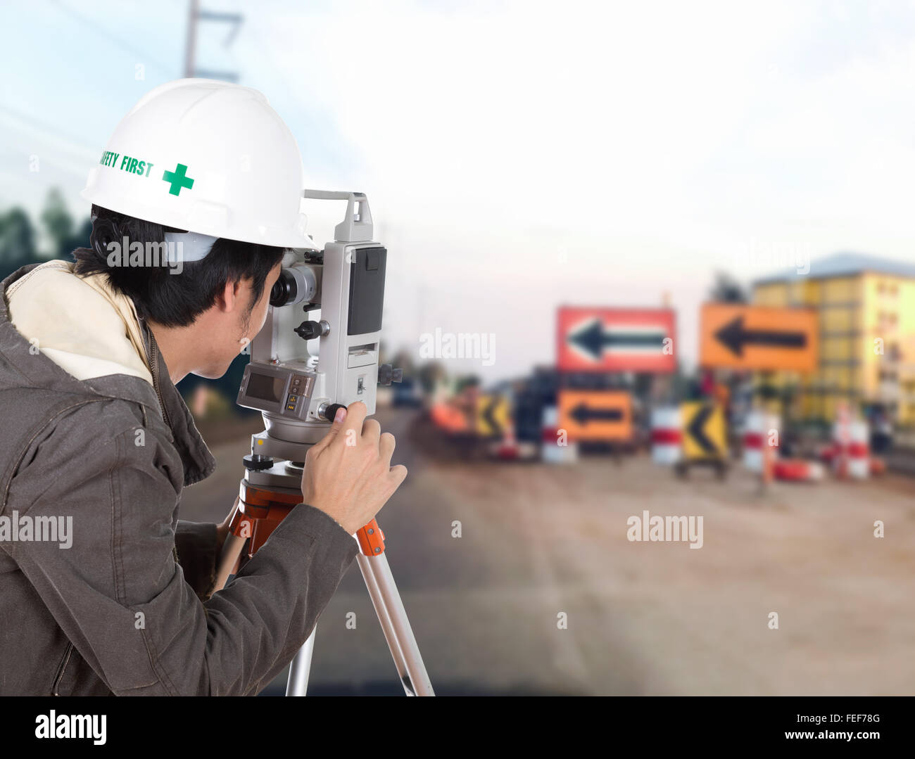 Engineers use tacheometer or theodolite with construction road works ...
