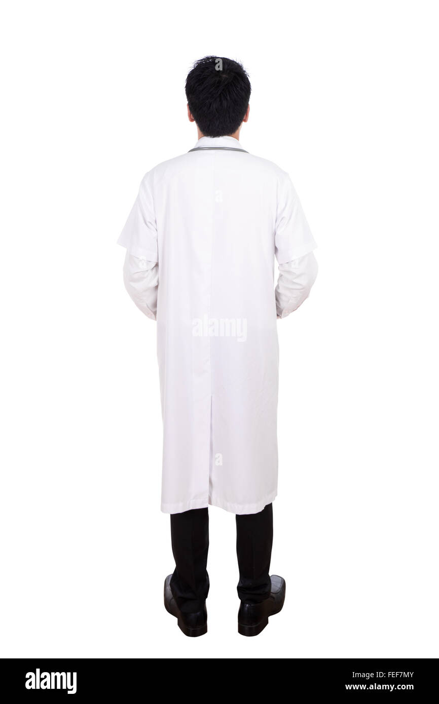 Rear view of medical doctor, full length isolated on white background ...