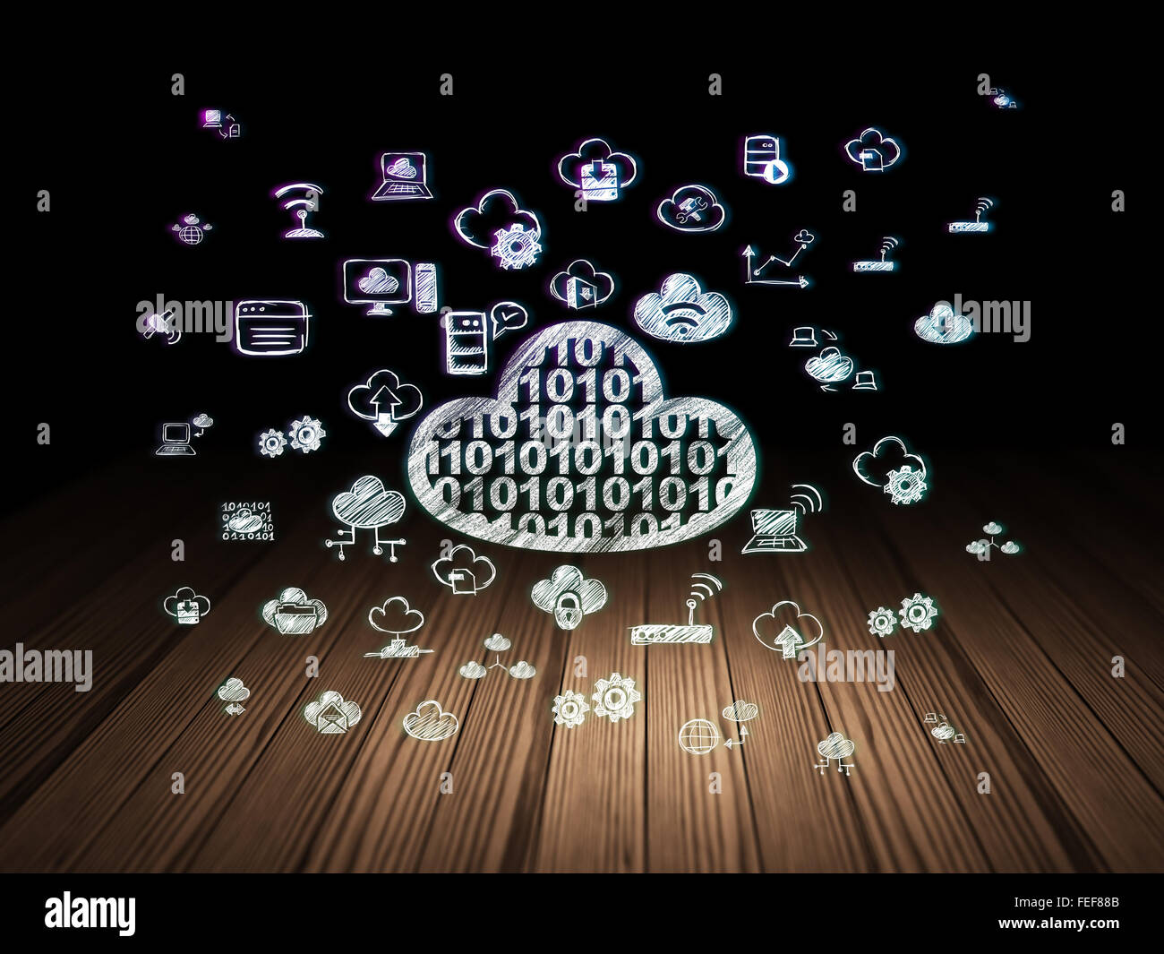 Cloud computing concept: Cloud With Code in grunge dark room Stock ...