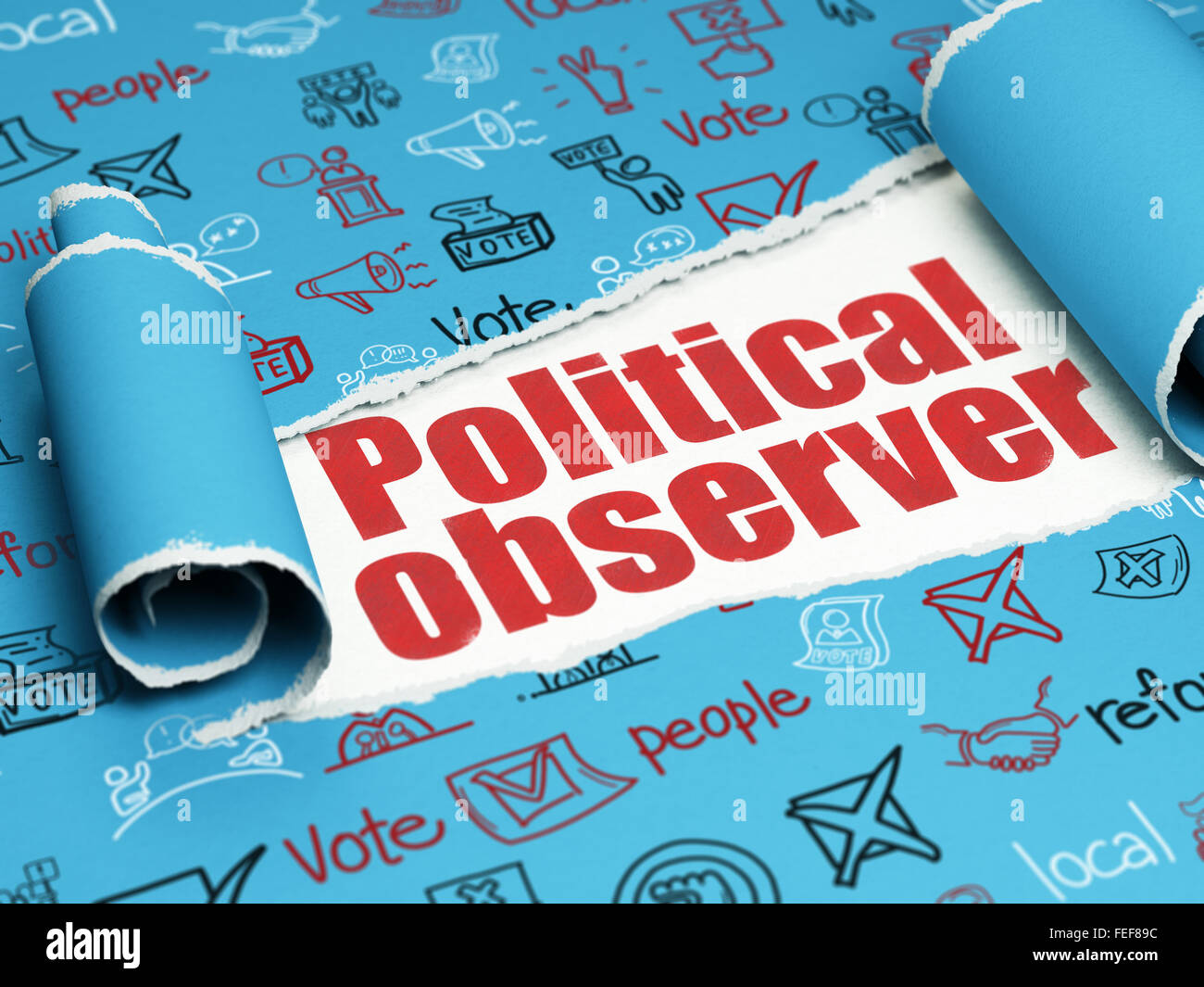 Political concept: red text Political Observer under the piece of torn ...