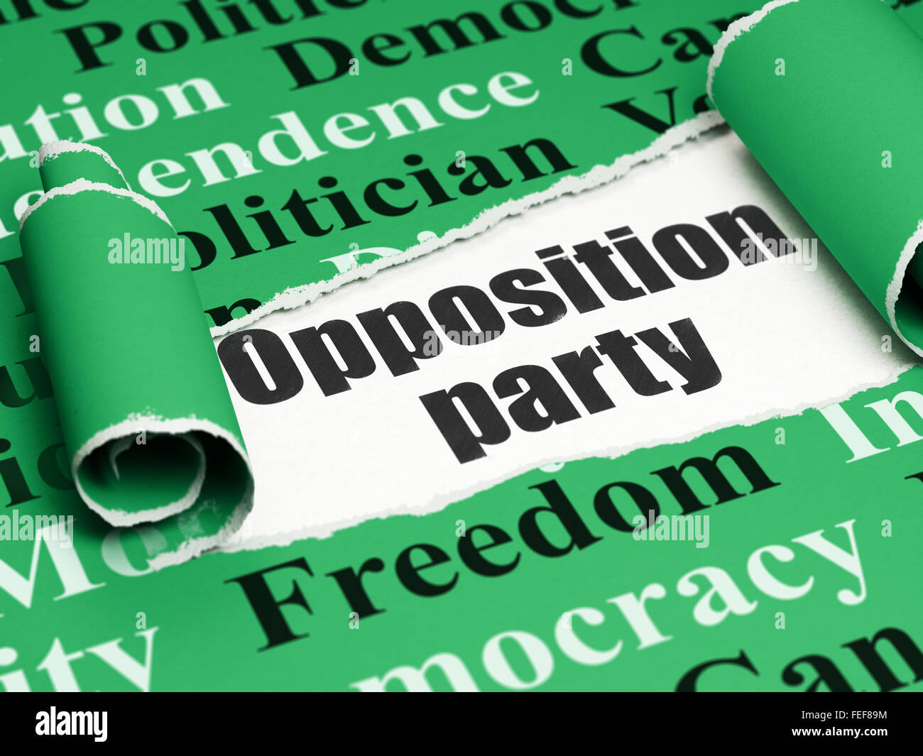 Political concept: black text Opposition Party under the piece of torn ...