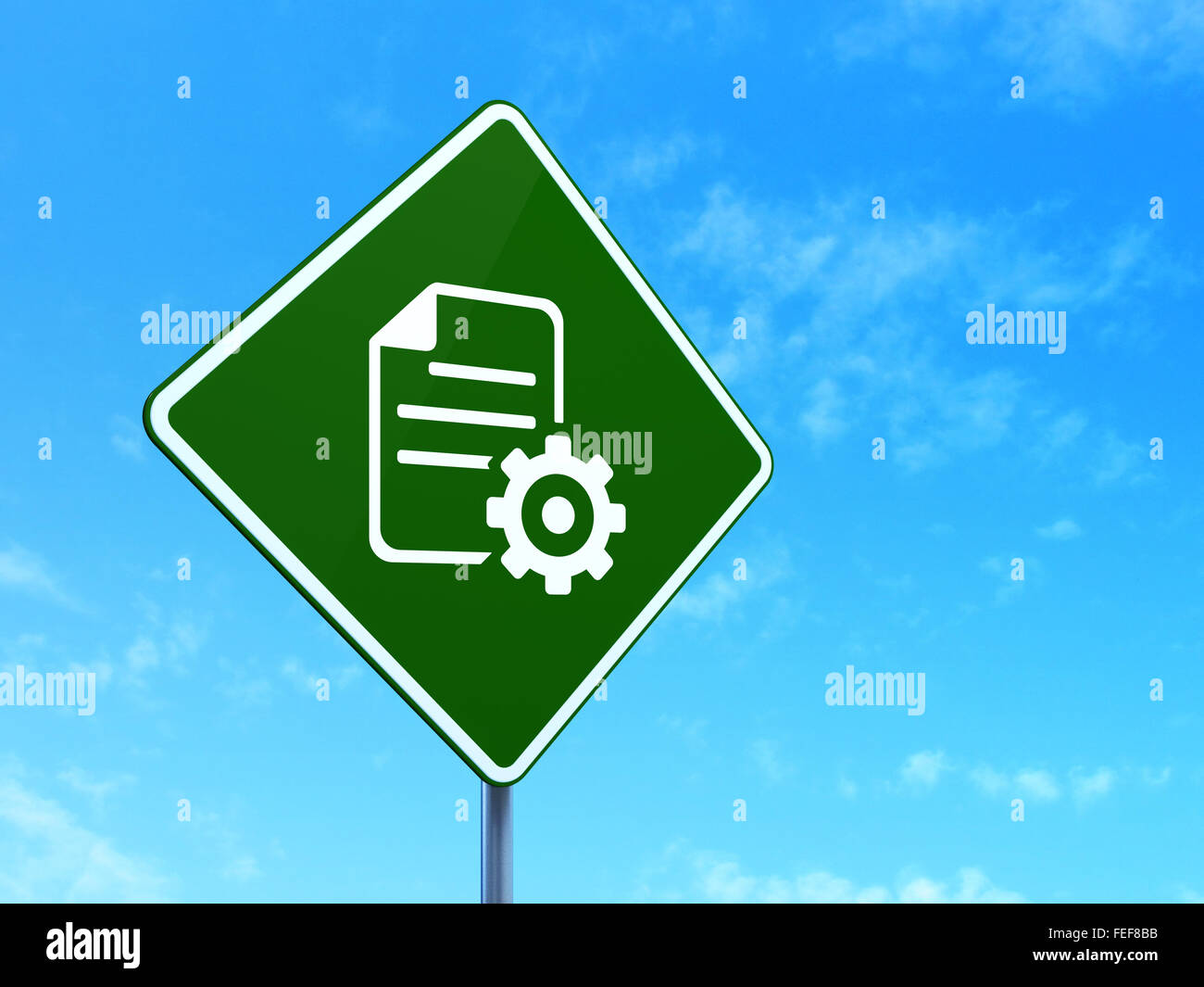 Programming concept: Gear on road sign background Stock Photo - Alamy
