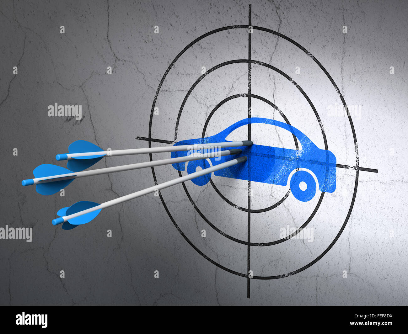 Travel concept: arrows in Car target on wall background Stock Photo - Alamy