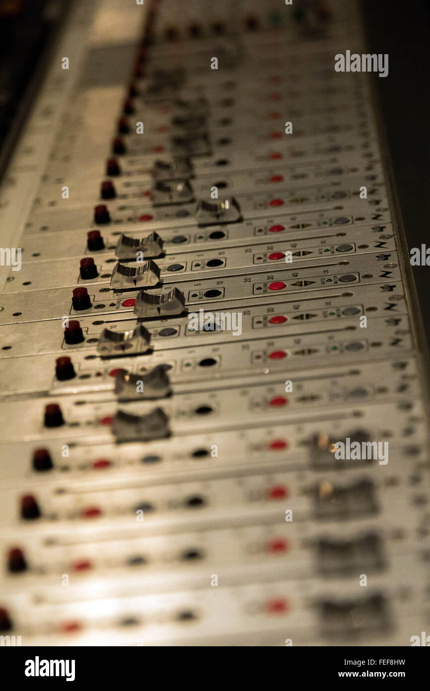 Sliders on the mixing desk at Parr Street Studios in Liverpool Stock ...