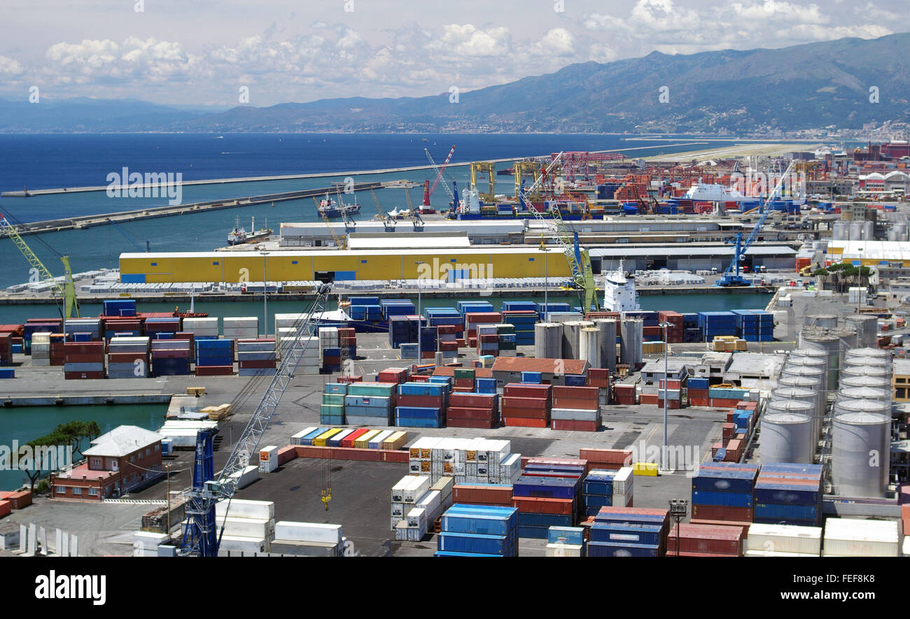 Industrial district and container terminal in Genoa harbor, Italy Stock ...