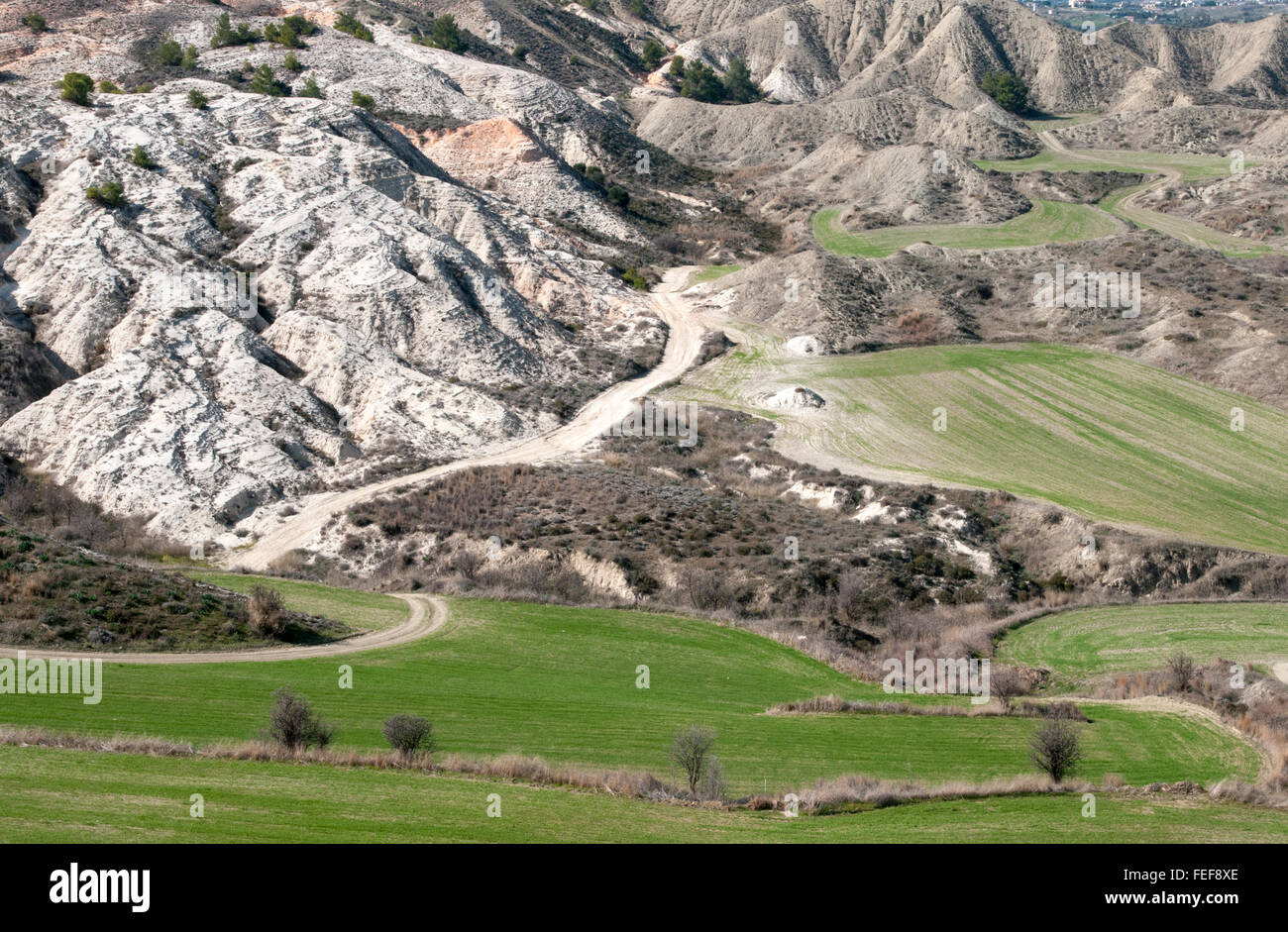 Green agricultural fields with small hills early in spring from Cyprus ...