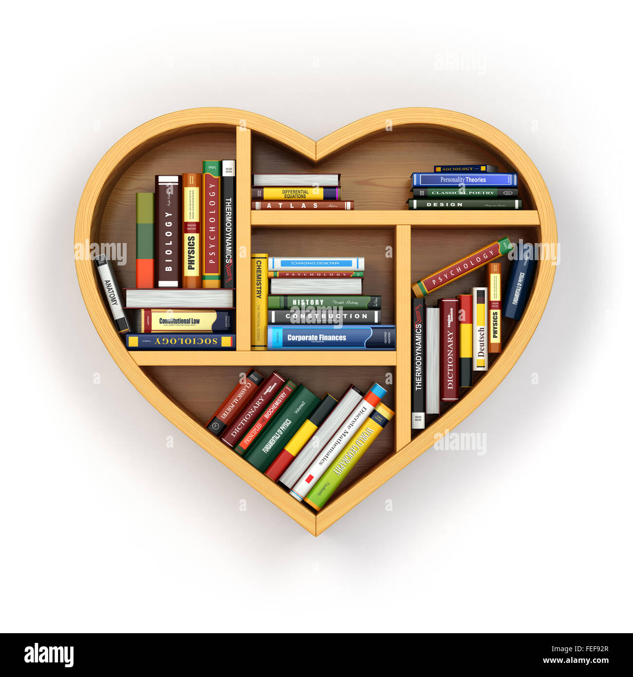 Education concept. Bookshelf with books and textbooks in form of heart ...