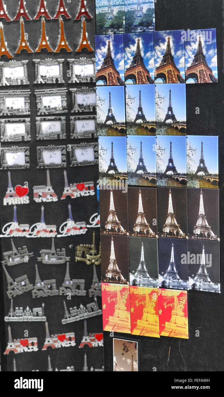 Paris, France - July 8, 2015: Detail of various postcards for sale ...