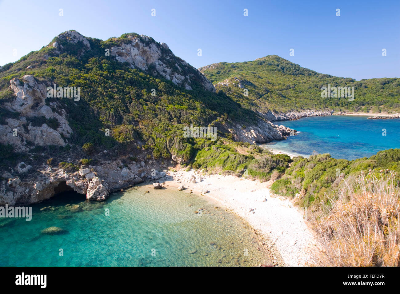 Afionas, Corfu, Ionian Islands, Greece. View over picturesque back-to ...