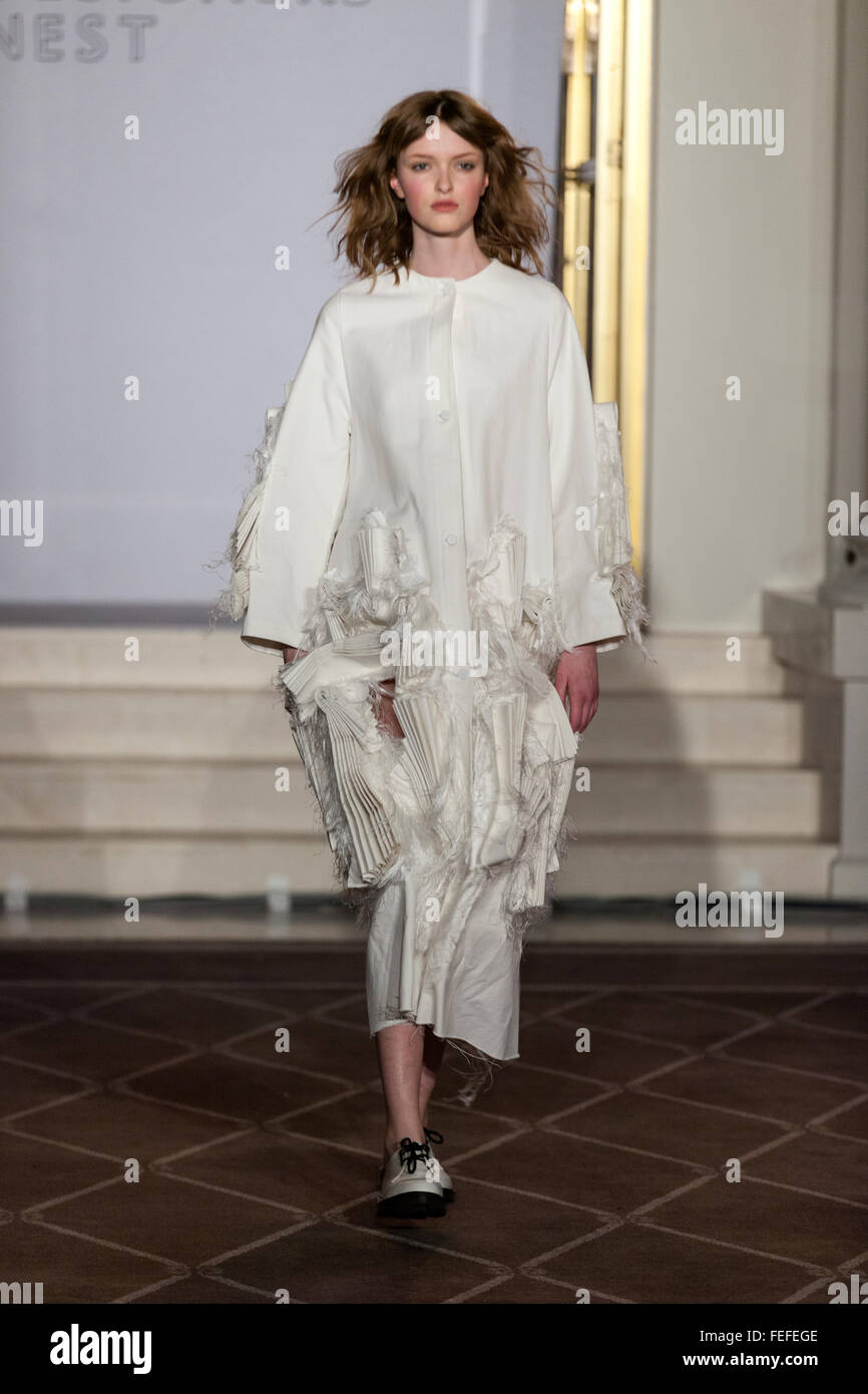 Copenhagen, Denmark, February 5, 2016. A model walks the runway wearing ...