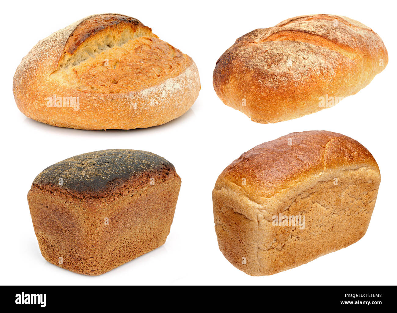 Varieties of wheat and rye bread isolated on white background. Set ...