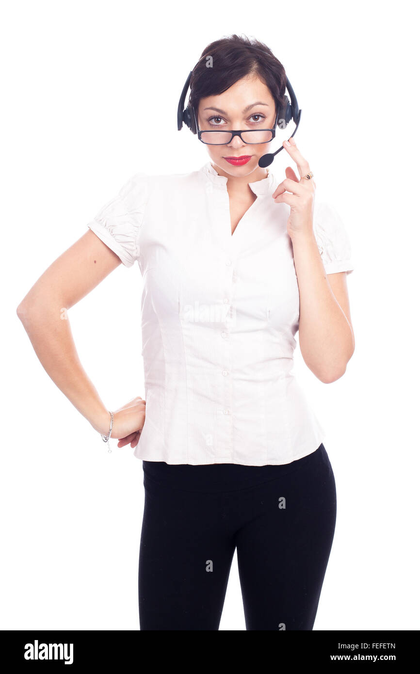 Beautiful young call-center assistant smiling , isolated on white Stock ...