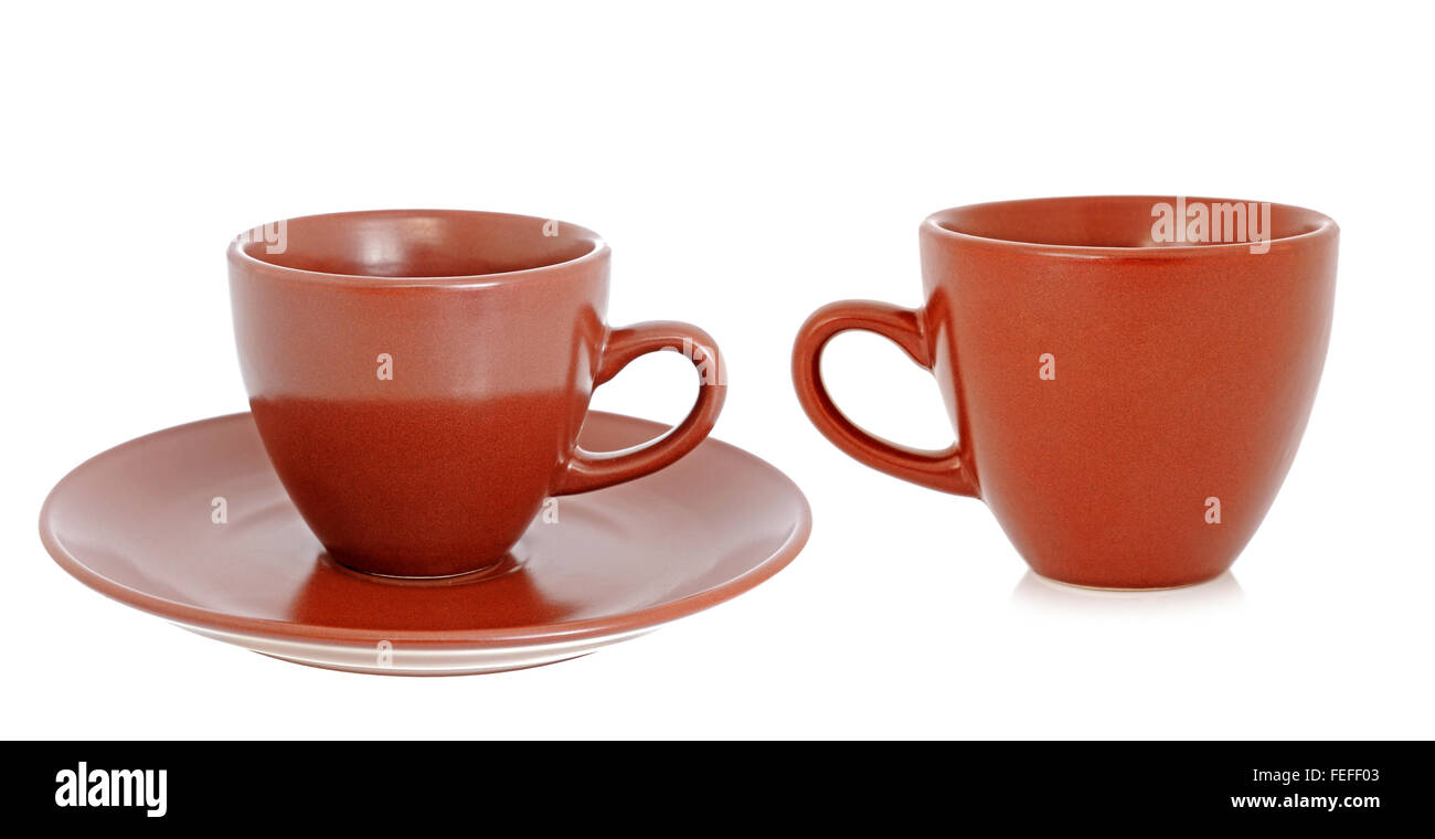 Brown cup and saucer on the white background. Collage Stock Photo - Alamy