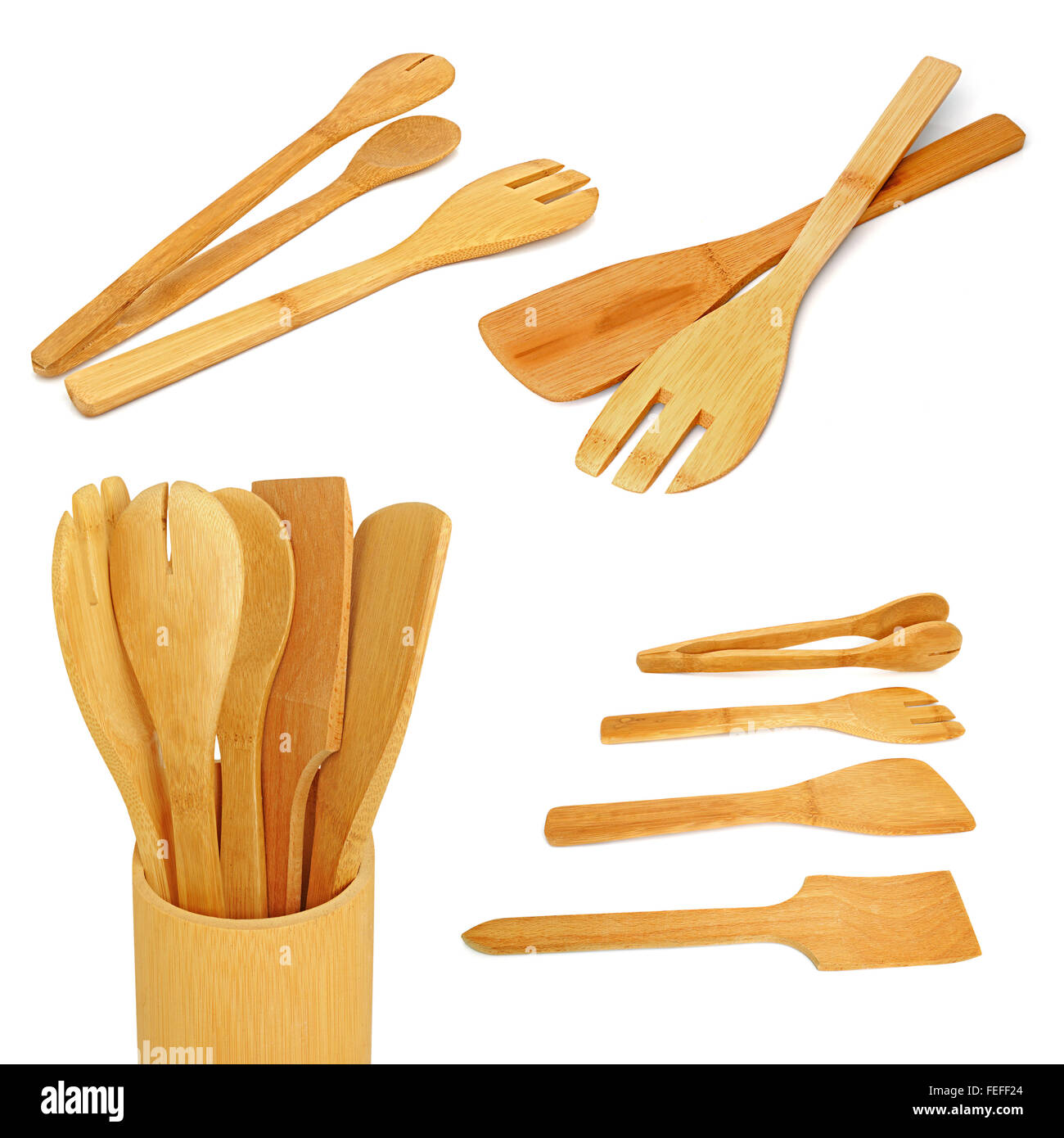 Wooden kitchen utensils on a white background. Collage Stock Photo - Alamy