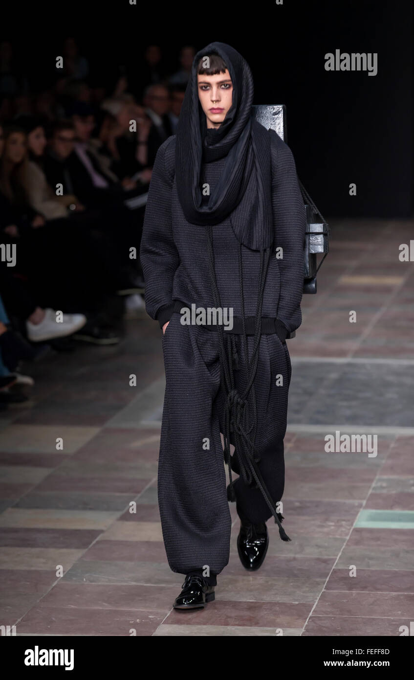 Copenhagen, Denmark, February 5, 2016. A model walks the runway wearing ...