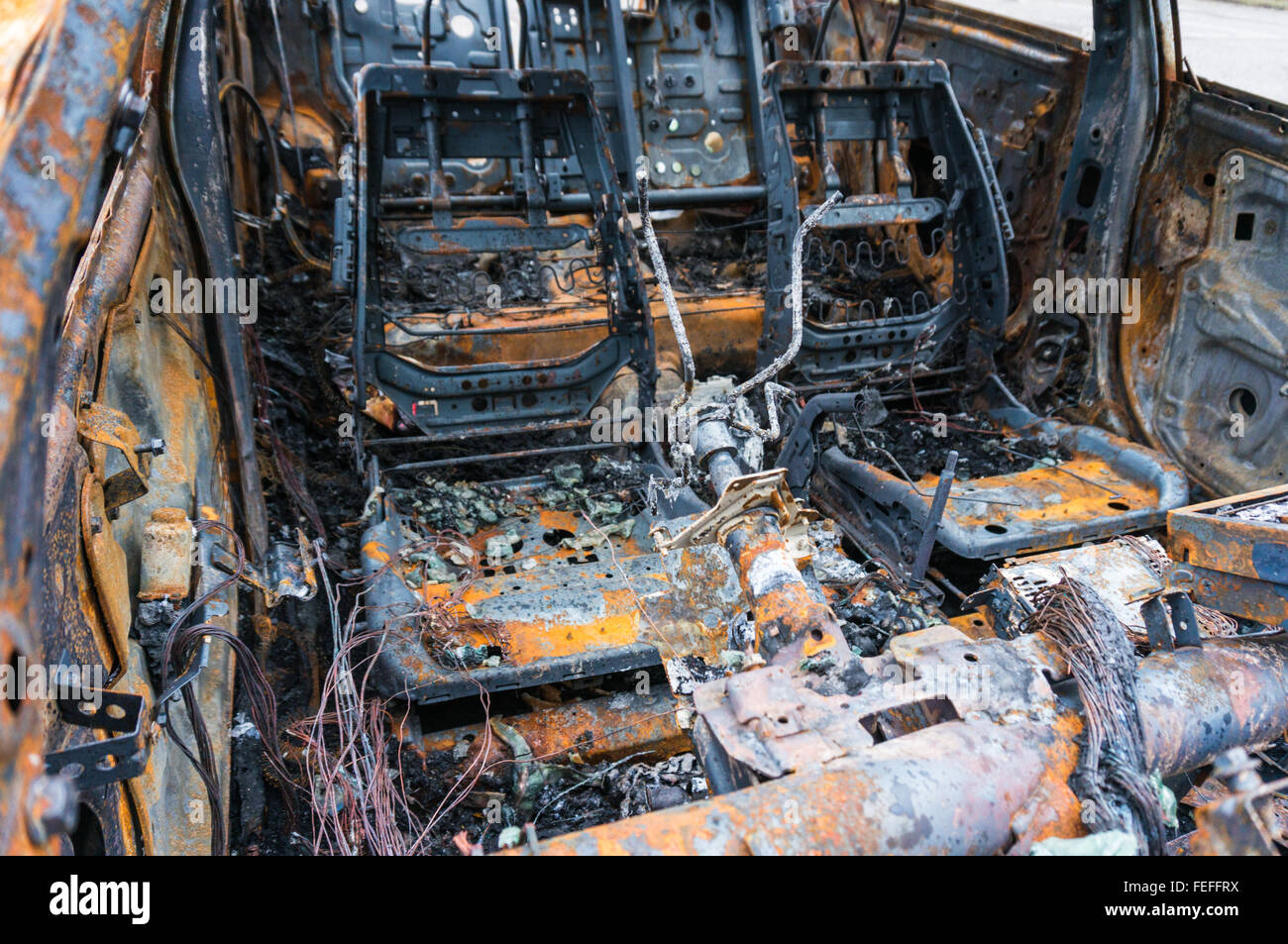 Inside of an abandoned fire damaged car Stock Photo - Alamy