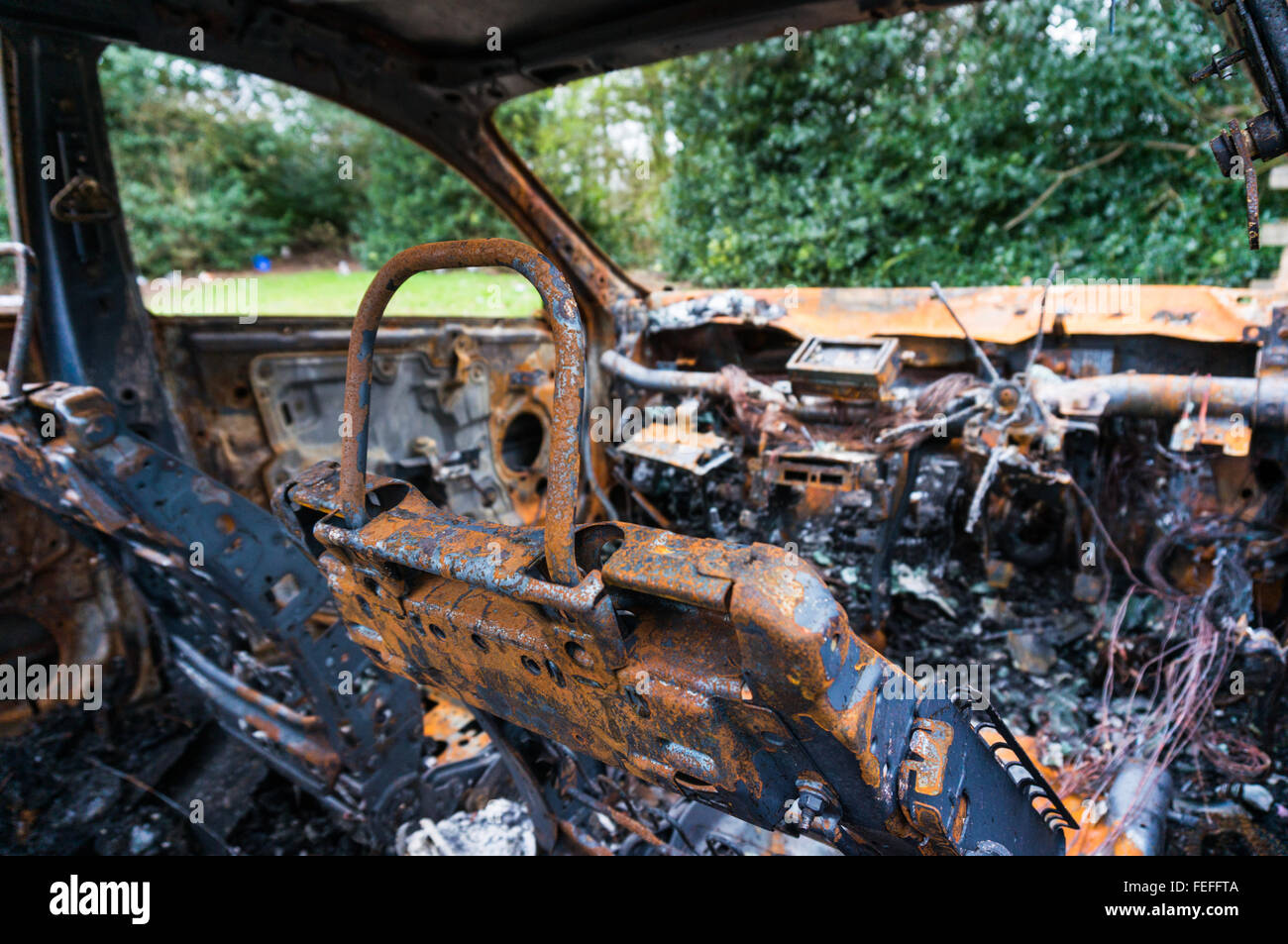 Inside of an abandoned fire damaged car Stock Photo - Alamy