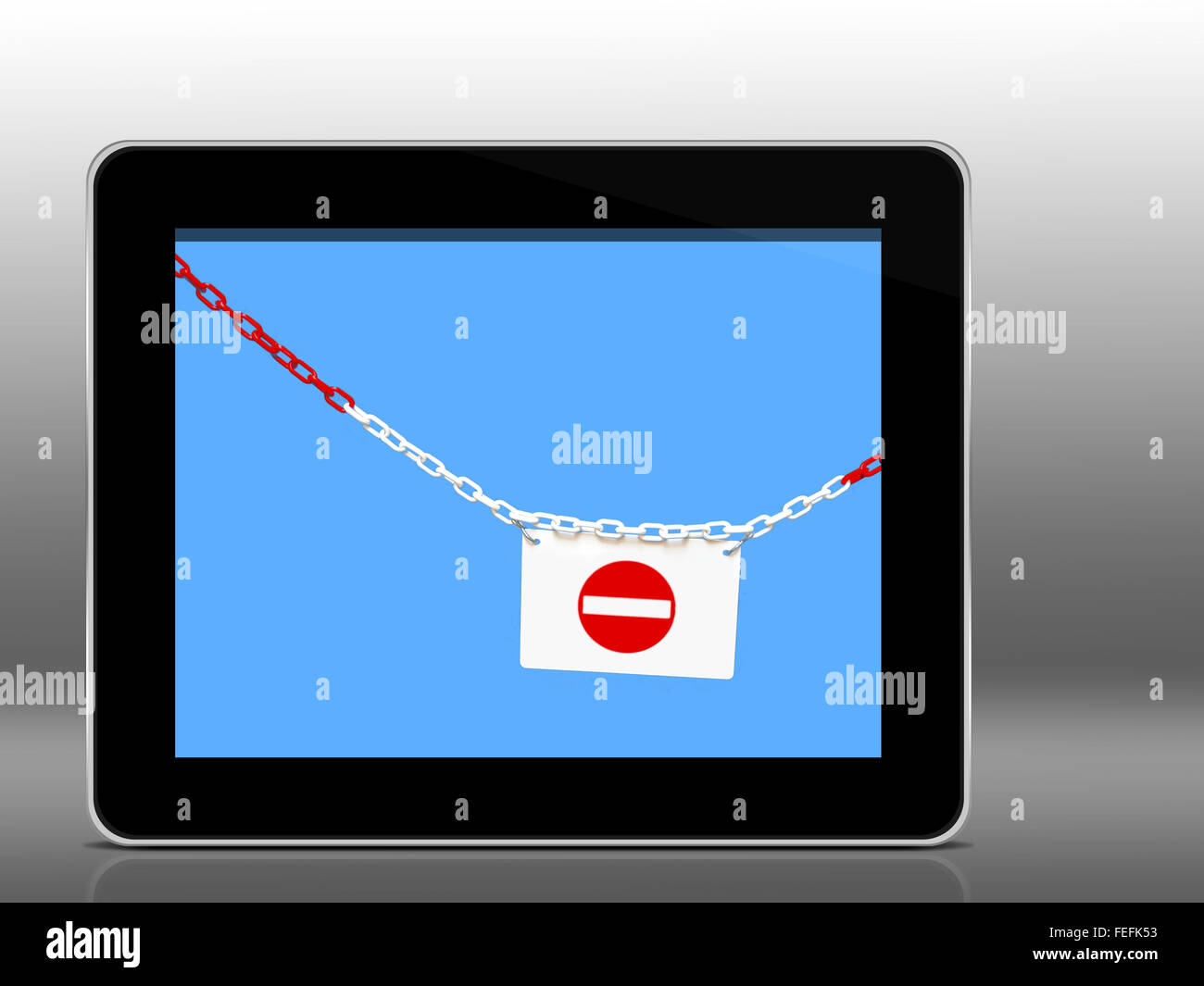Internet privacy, security concept. Tablet with chain and No Entry sign ...
