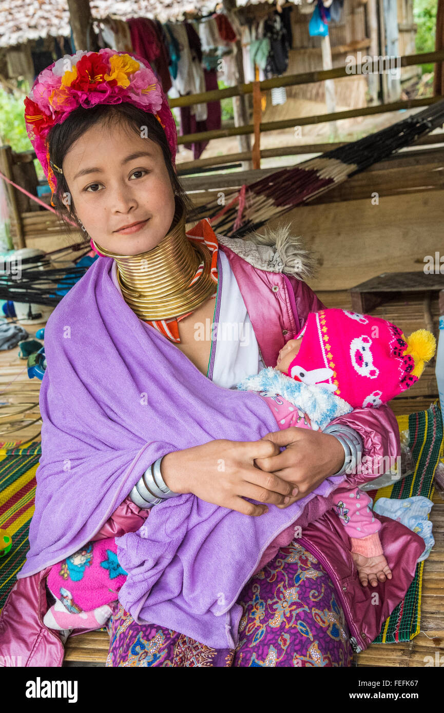 Hill Tribes of Northern Thailand Mum and baby from the Padong long neck ...