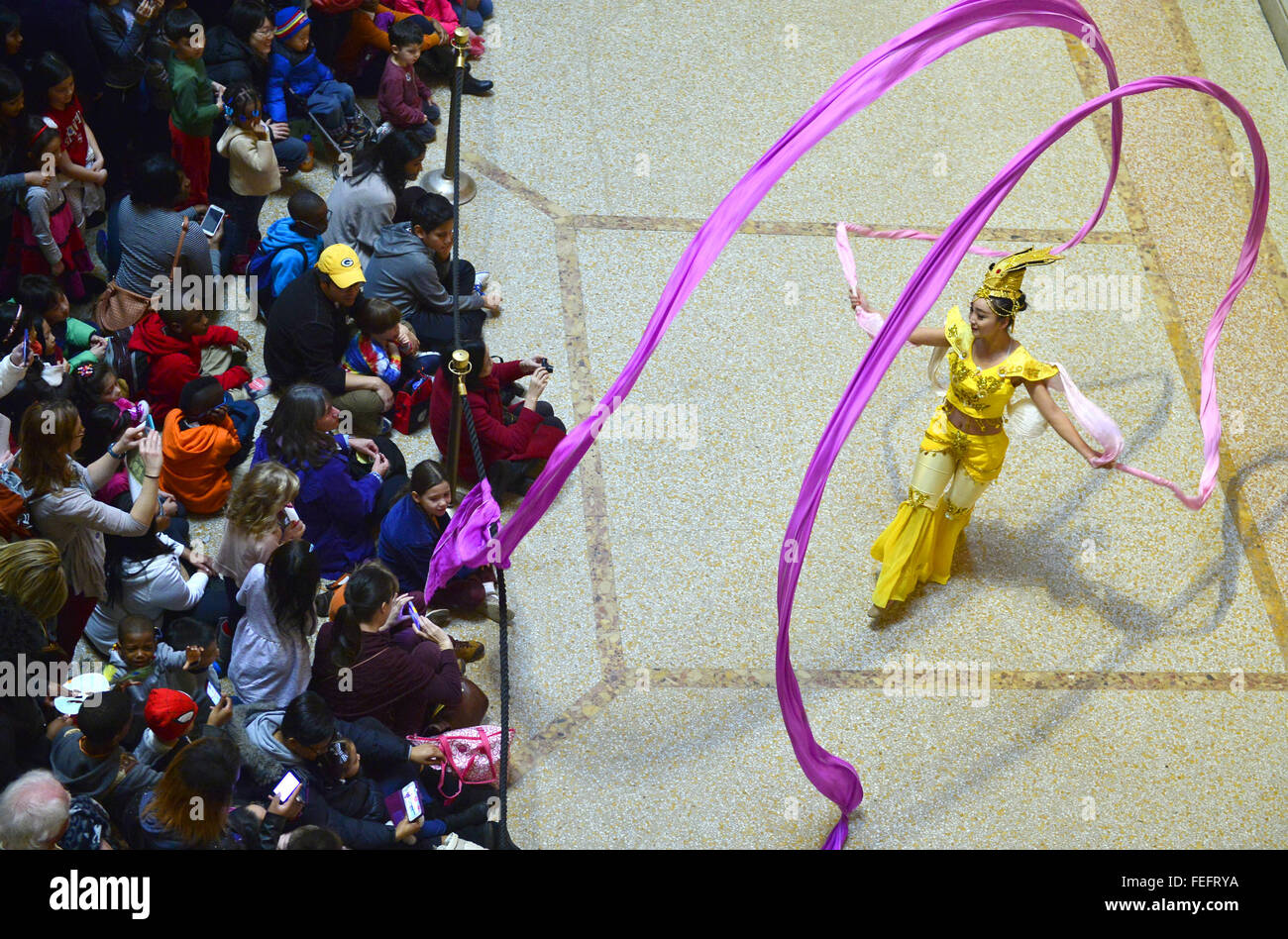 New York, USA. 6th Feb, 2016. Visitors watch Chinese traditional ribbon ...