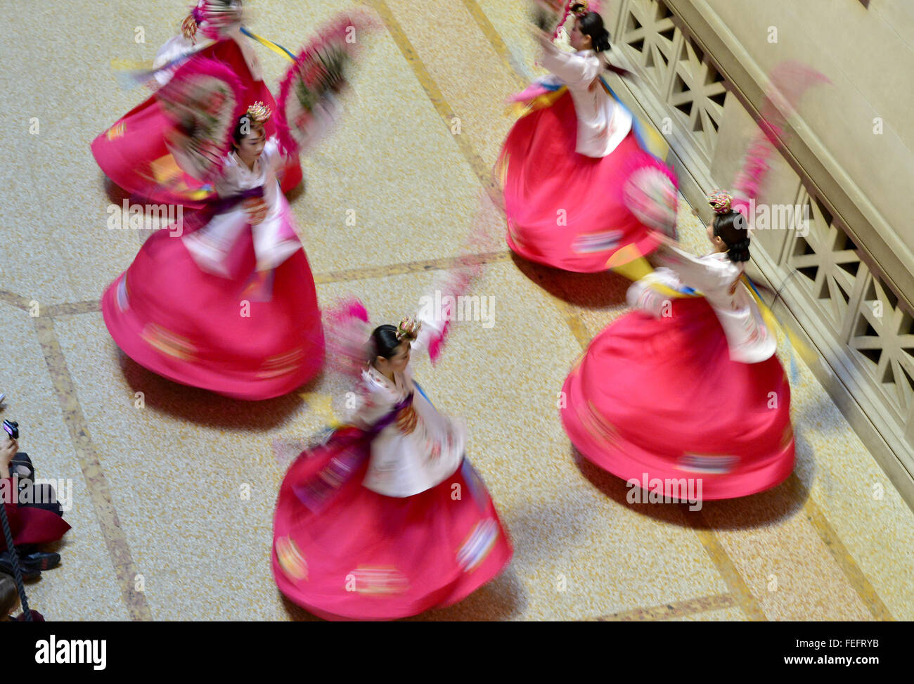 New York, USA. 6th Feb, 2016. Dancers perform fan dance at the ...