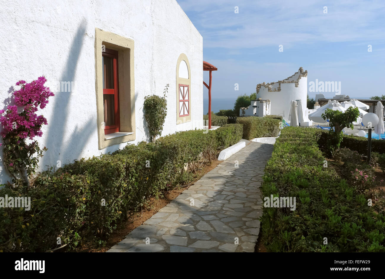 White building, tower and terrain in high class greek hotel Aldemar ...