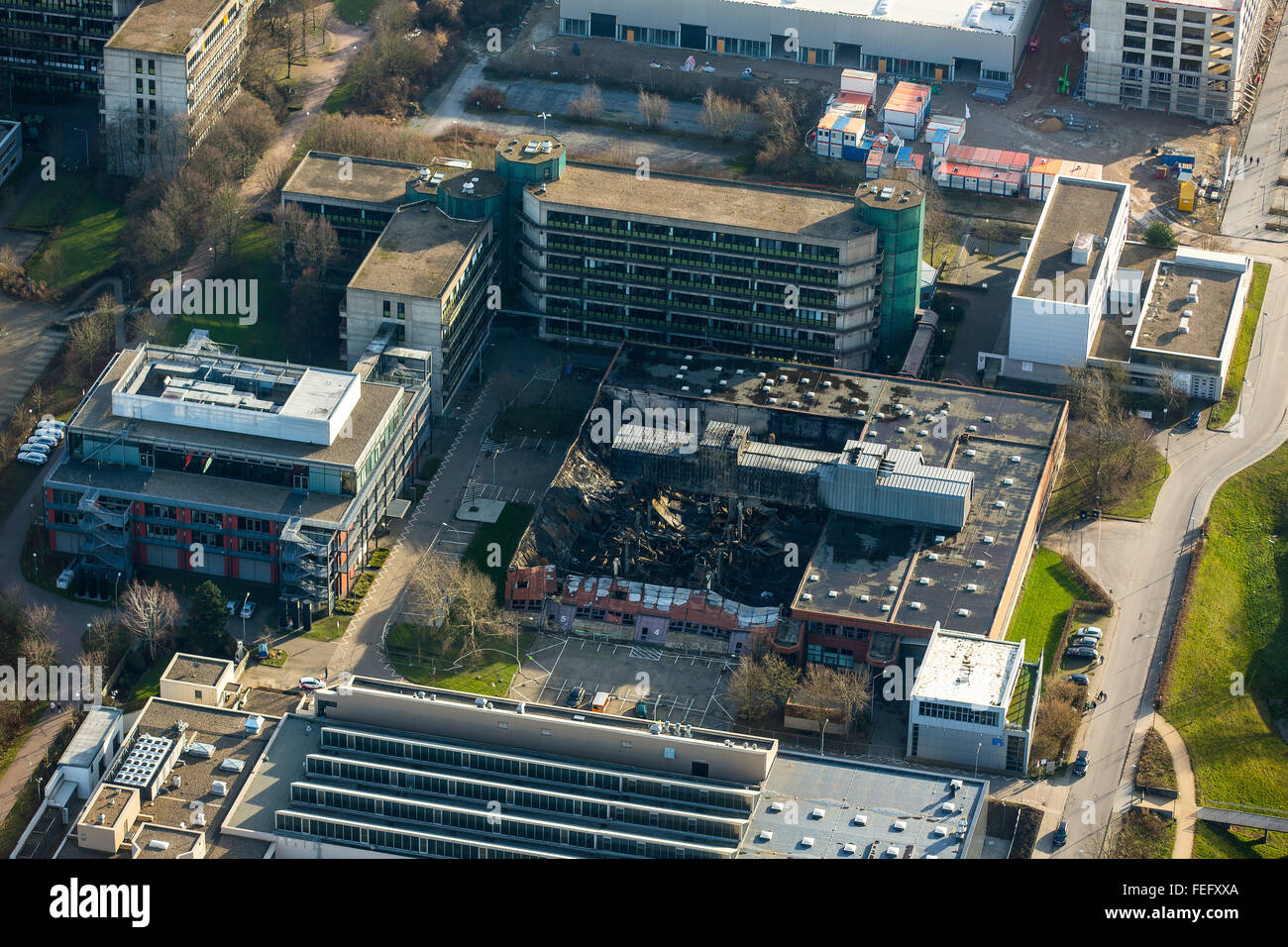 Aerial view, fire, Aachen, Hall of WZL RWTH Campus Melaten completely ...