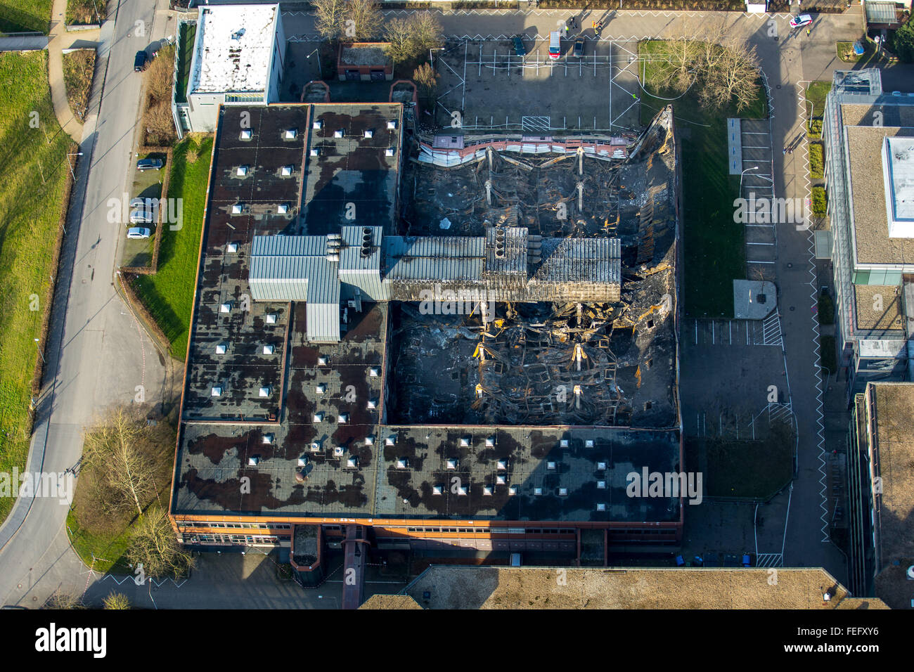 Aerial view, fire, Aachen, Hall of WZL RWTH Campus Melaten completely ...