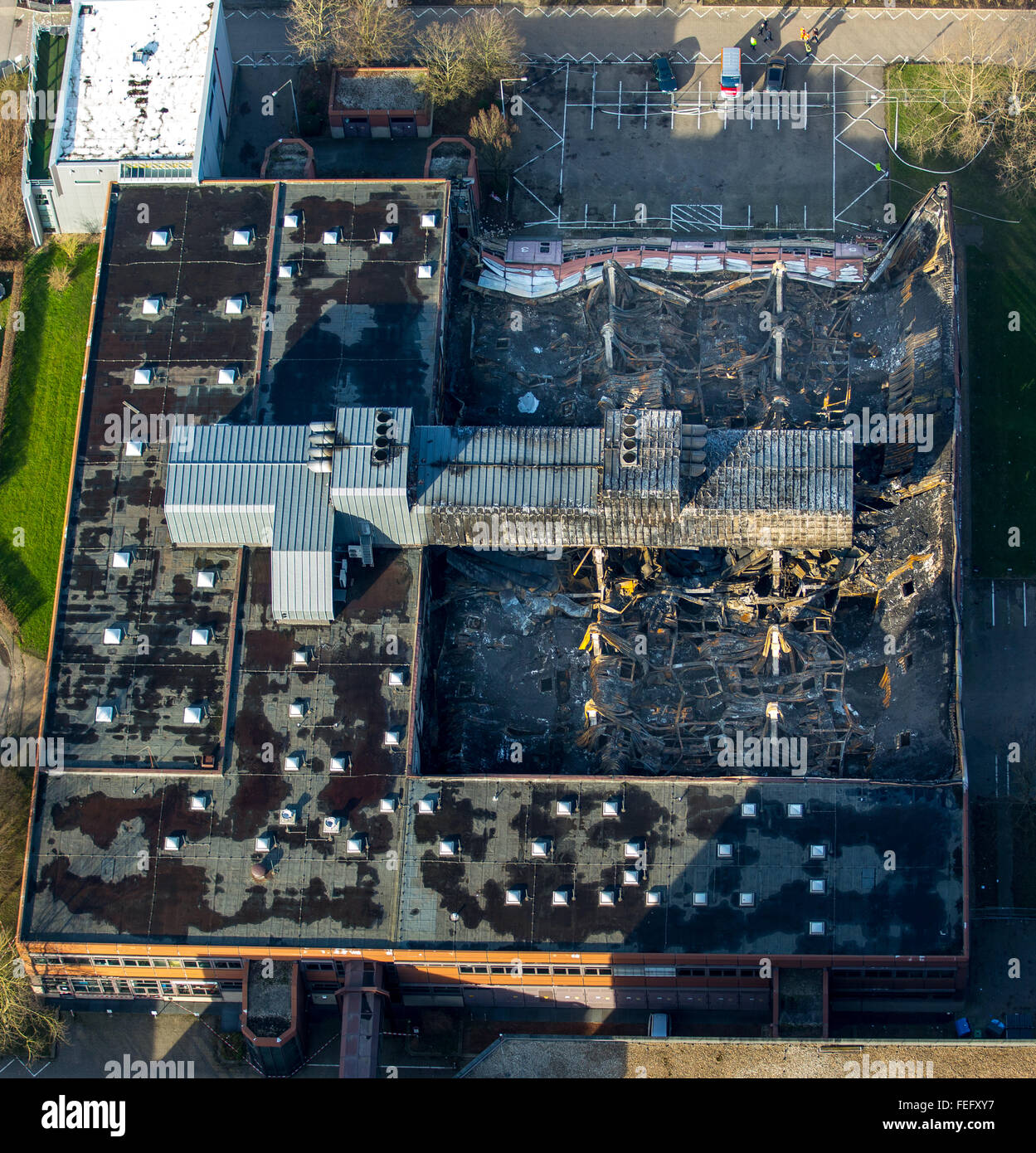 Aerial view, fire, Aachen, Hall of WZL RWTH Campus Melaten completely ...