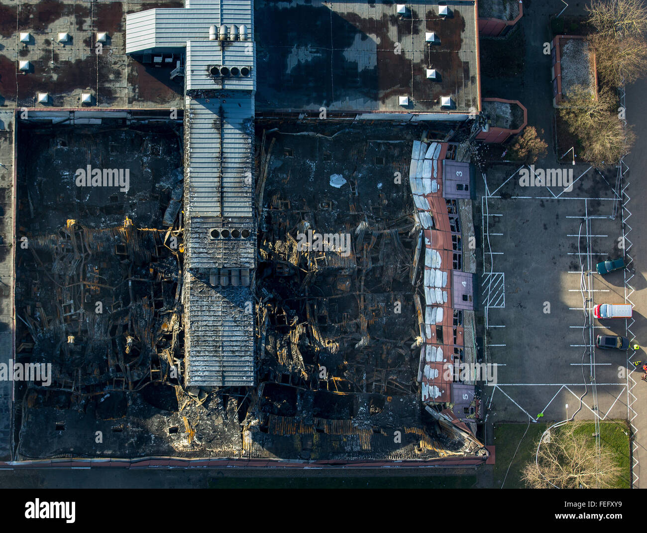 Aerial view, fire, Aachen, Hall of WZL RWTH Campus Melaten completely ...