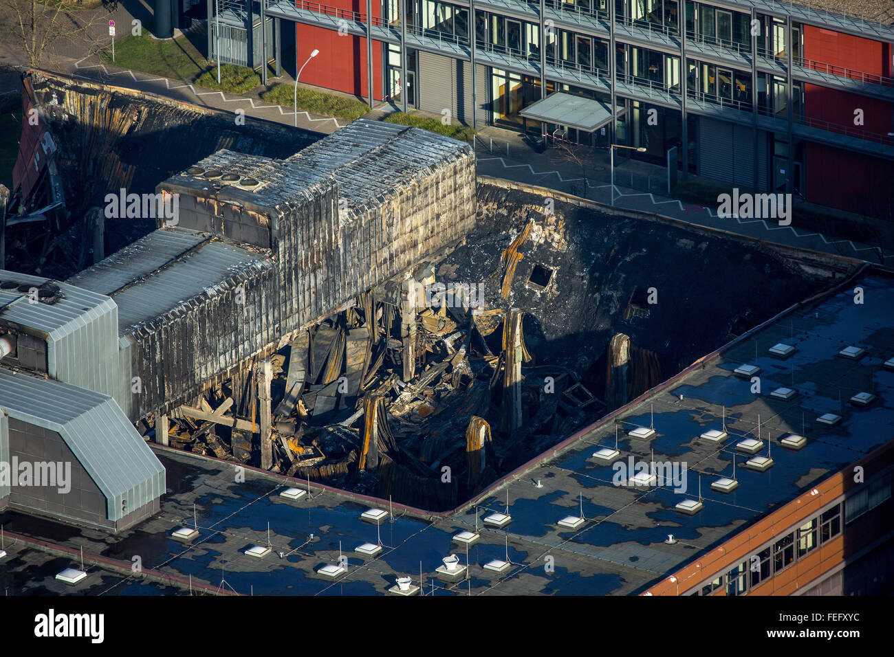 Aerial view, fire, Aachen, Hall of WZL RWTH Campus Melaten completely ...