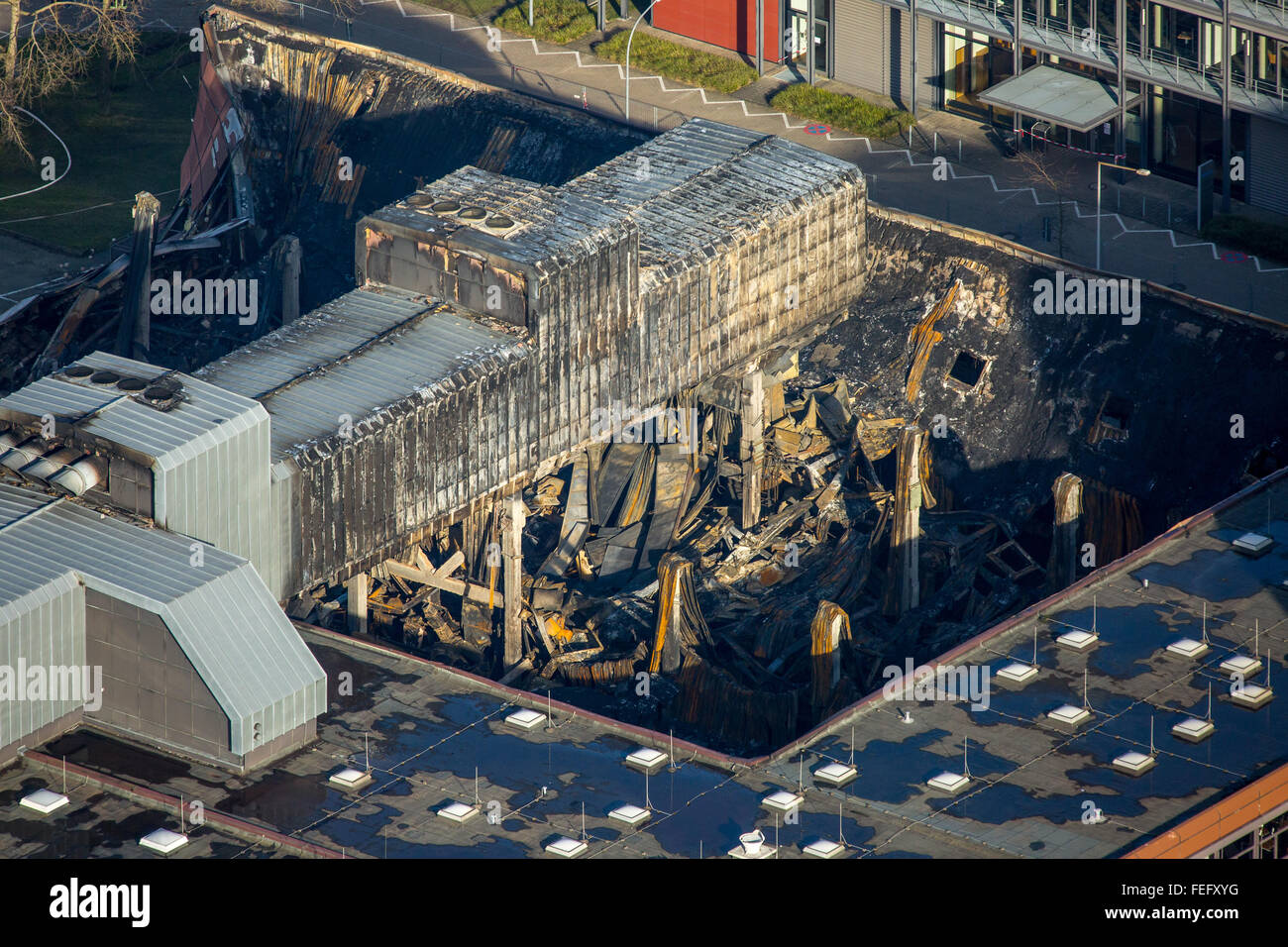 Aerial view, fire, Aachen, Hall of WZL RWTH Campus Melaten completely ...