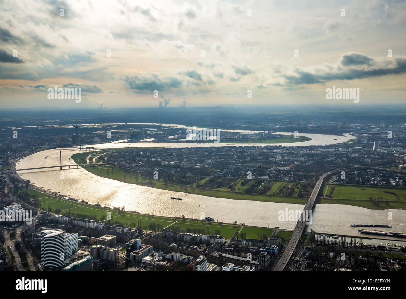 Aerial view, the Rhine flood in Dusseldorf at the Rheinkniebrücke ...