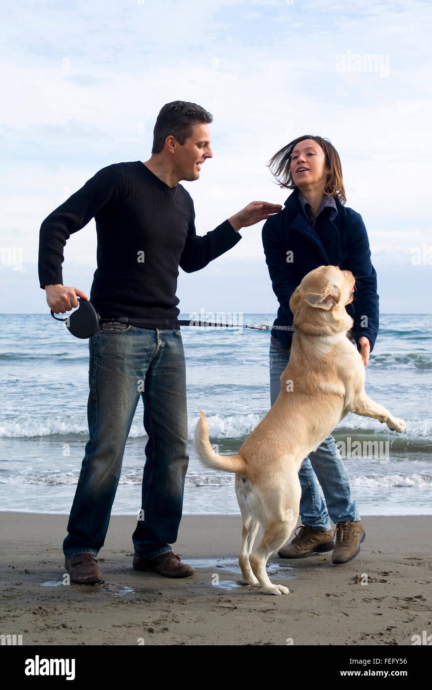 Happy couple enjoying themselves with their Labrador Stock Photo - Alamy