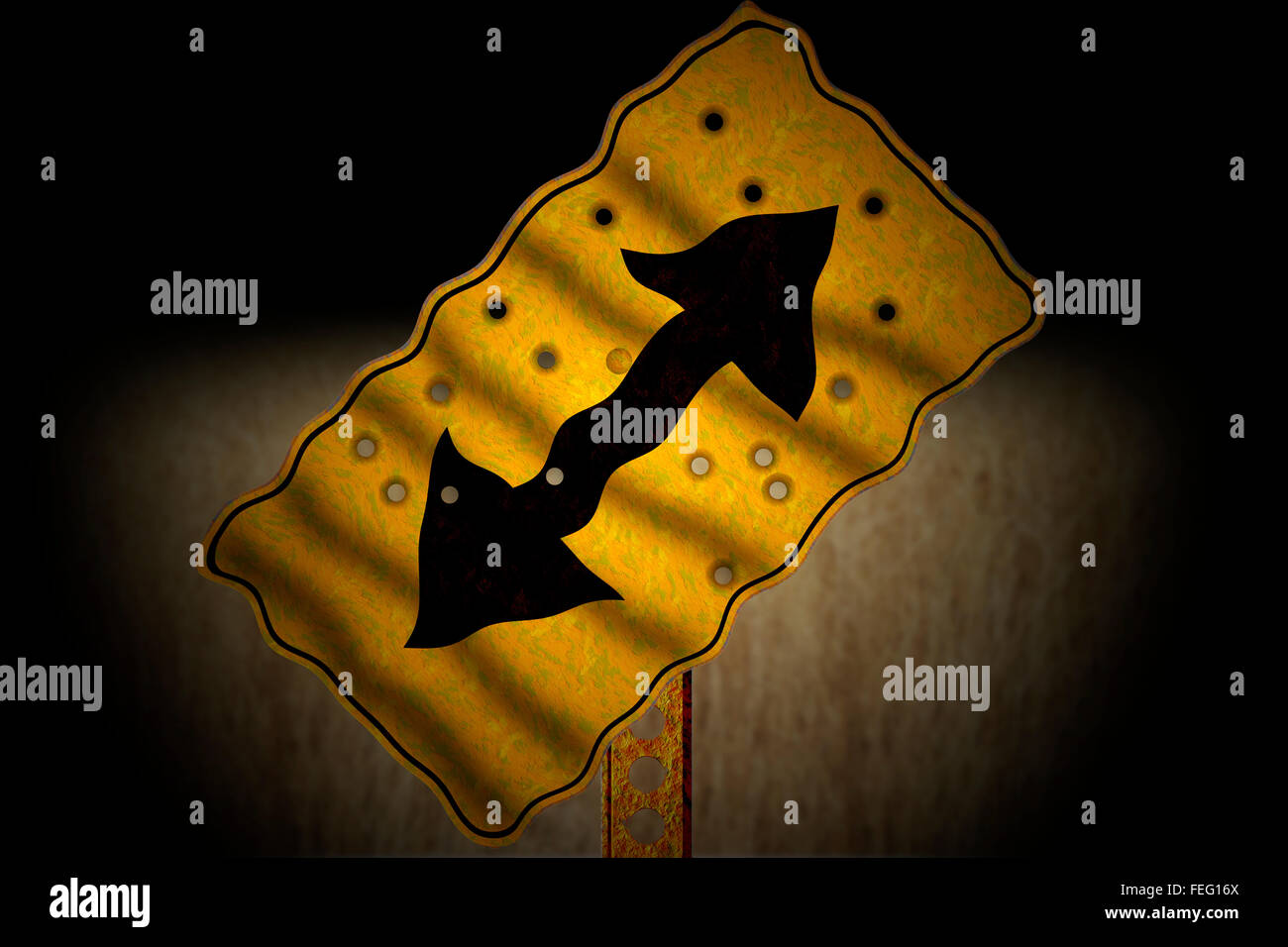 Illustration of a road sign, battered, broken and riddled with bullet ...