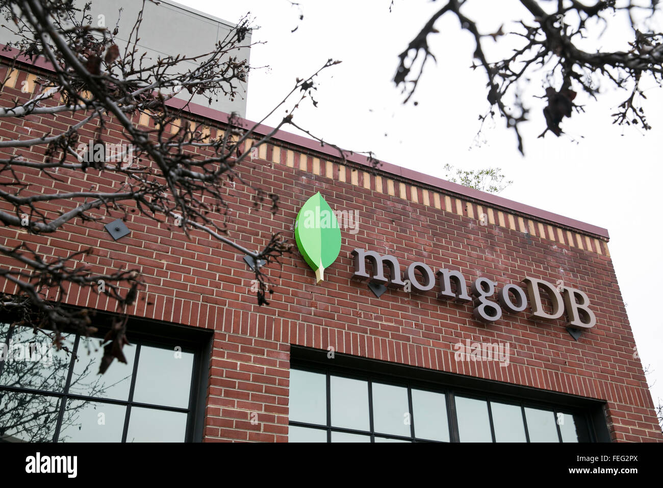 A logo sign outside of the headquarters of MongoDB in Palo Alto ...