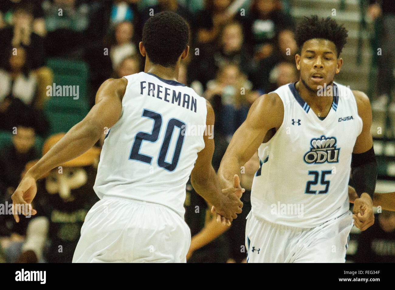 Charlotte, NC, USA. 6th Feb, 2016. Trey Freeman (20) of the Old Dominion Monarchs gets some love ...