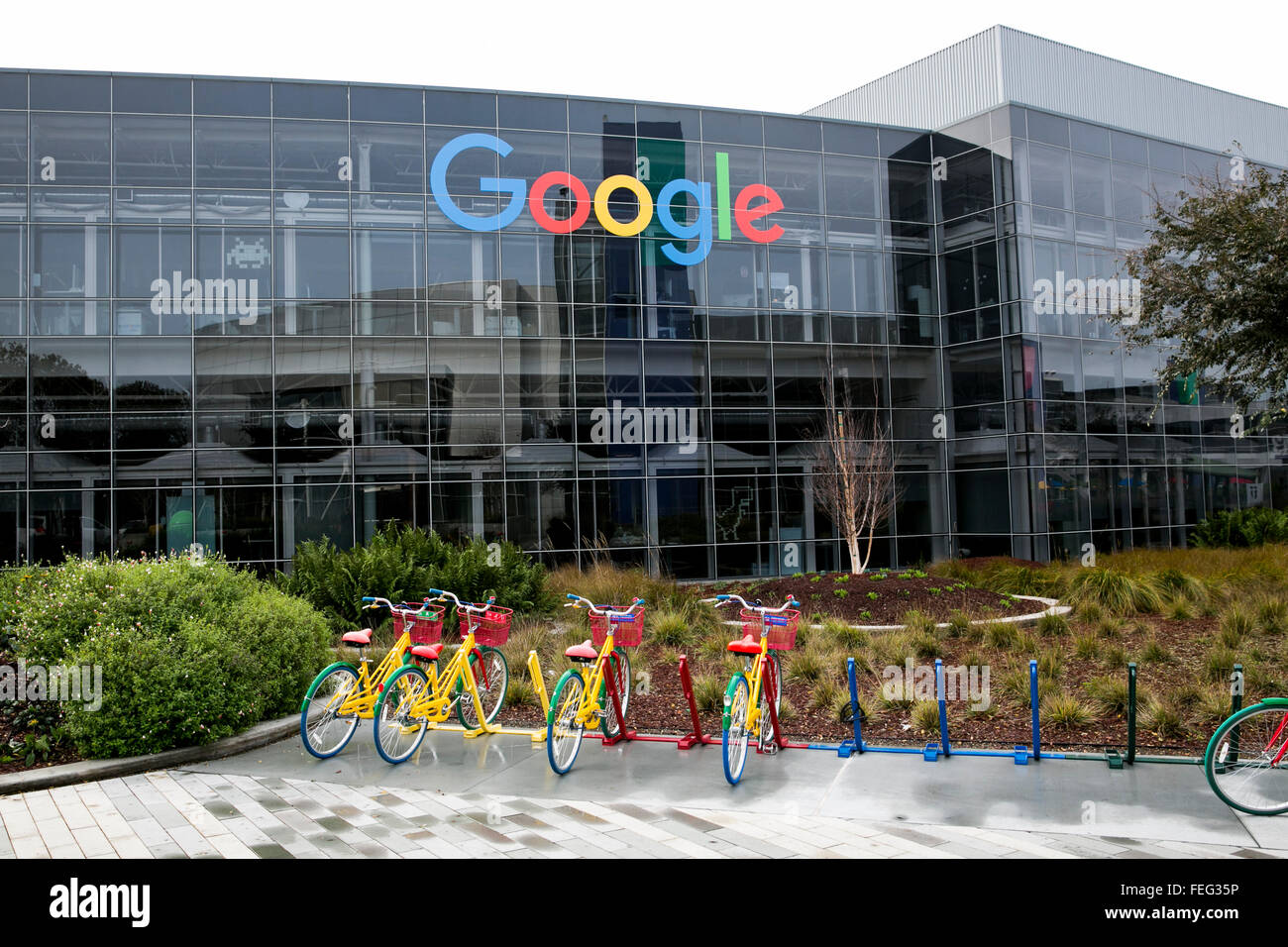 A logo sign outside of the headquarters of Google, also known as the ...