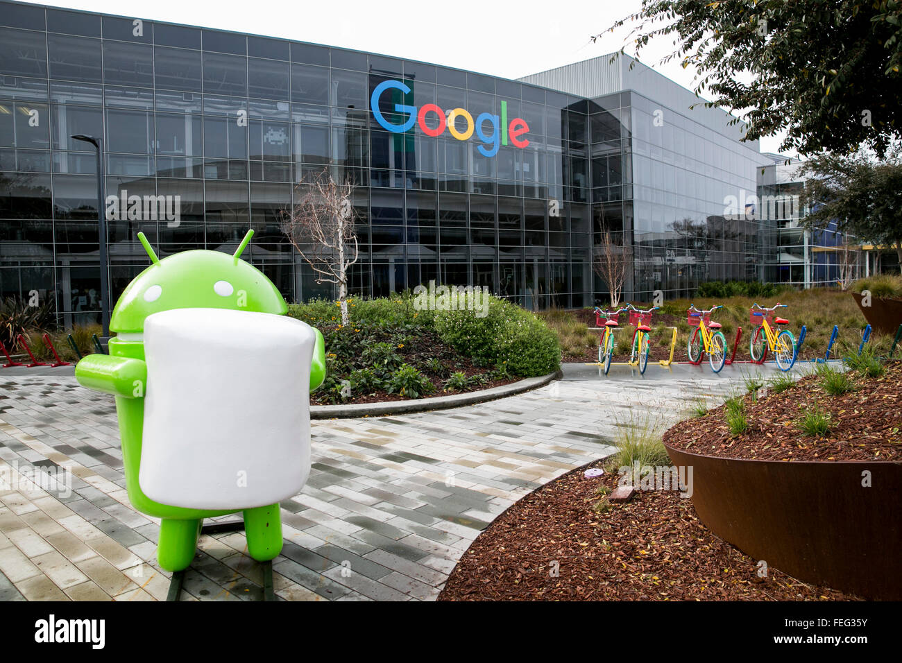 A logo sign outside of the headquarters of Google, also known as the ...