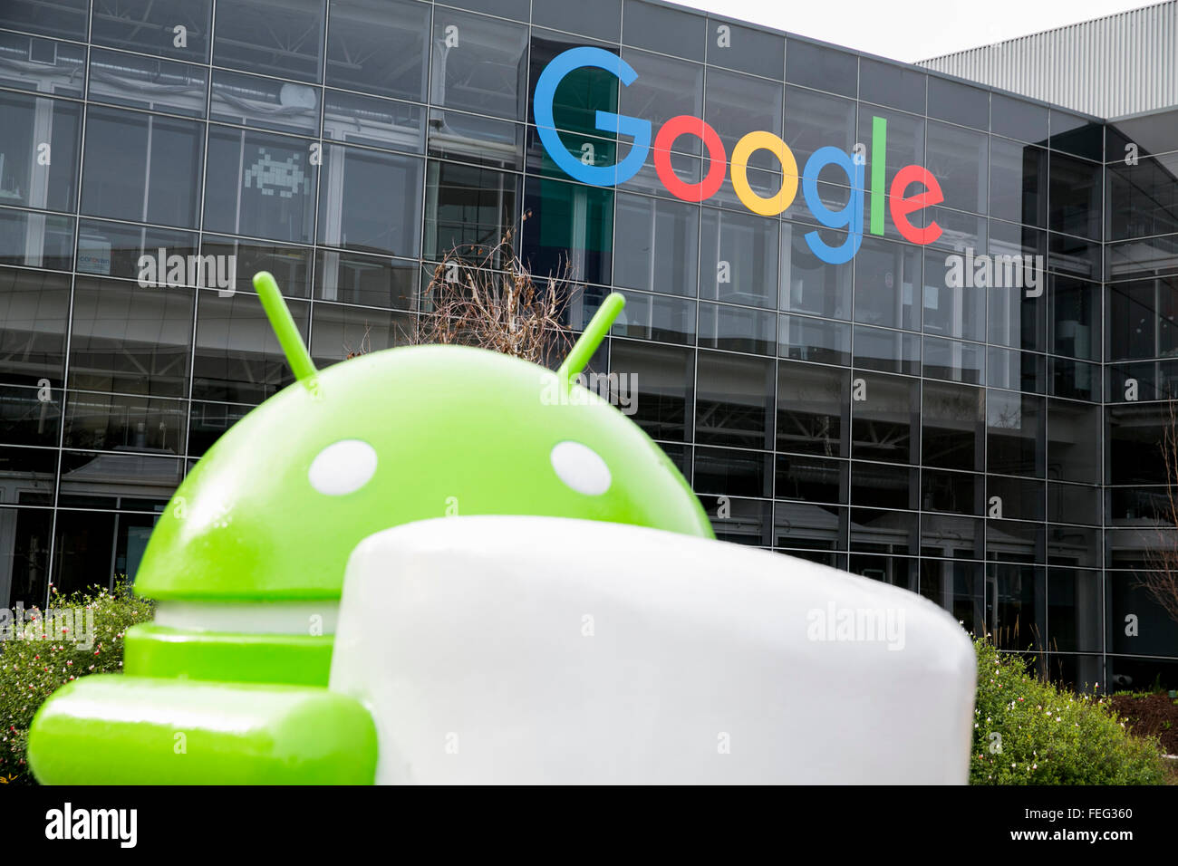A logo sign outside of the headquarters of Google, also known as the ...