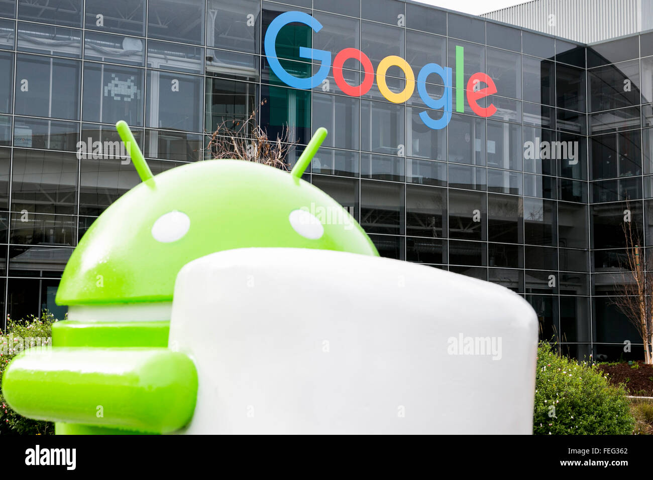 A logo sign outside of the headquarters of Google, also known as the ...