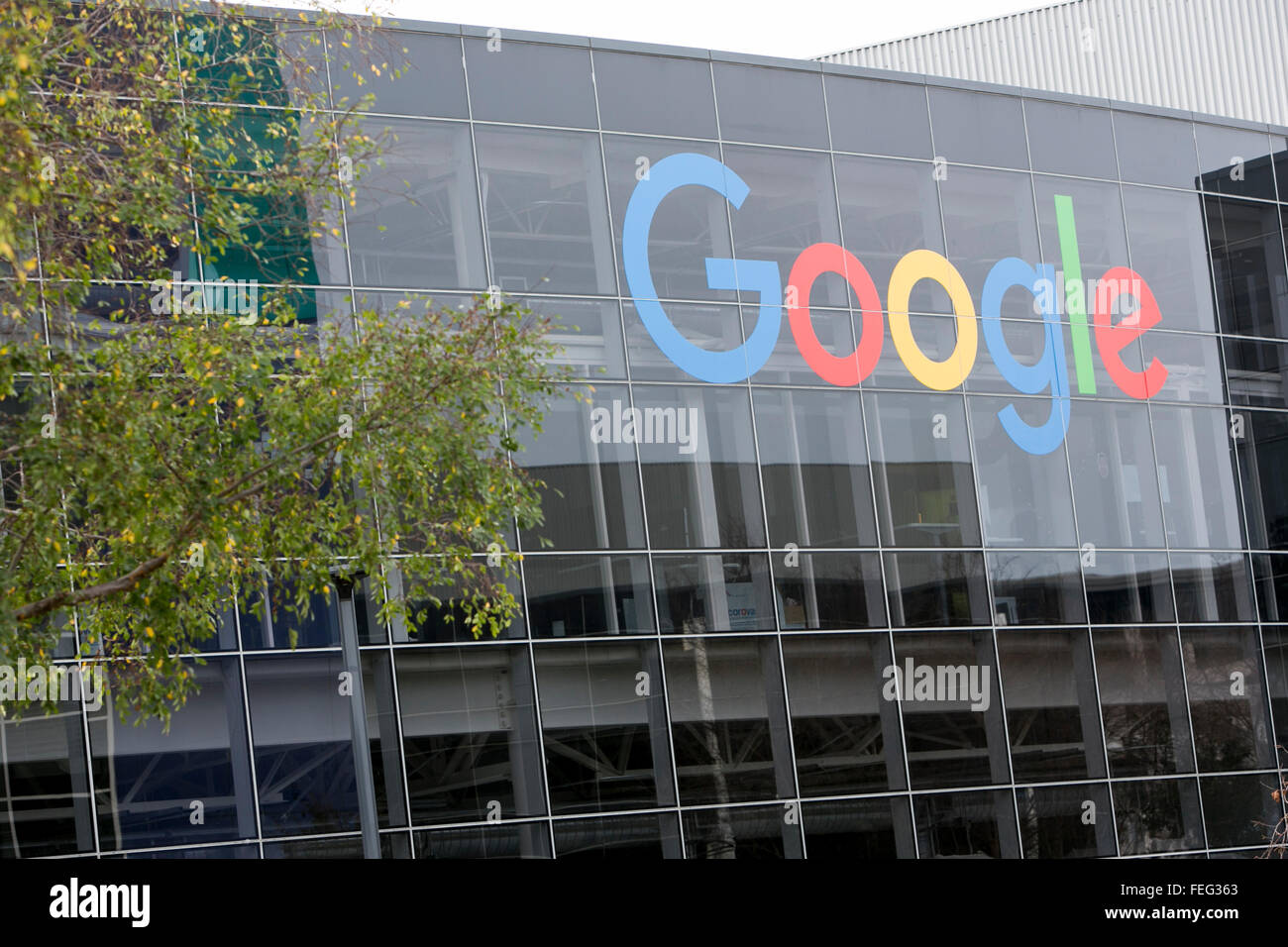 A logo sign outside of the headquarters of Google, also known as the ...