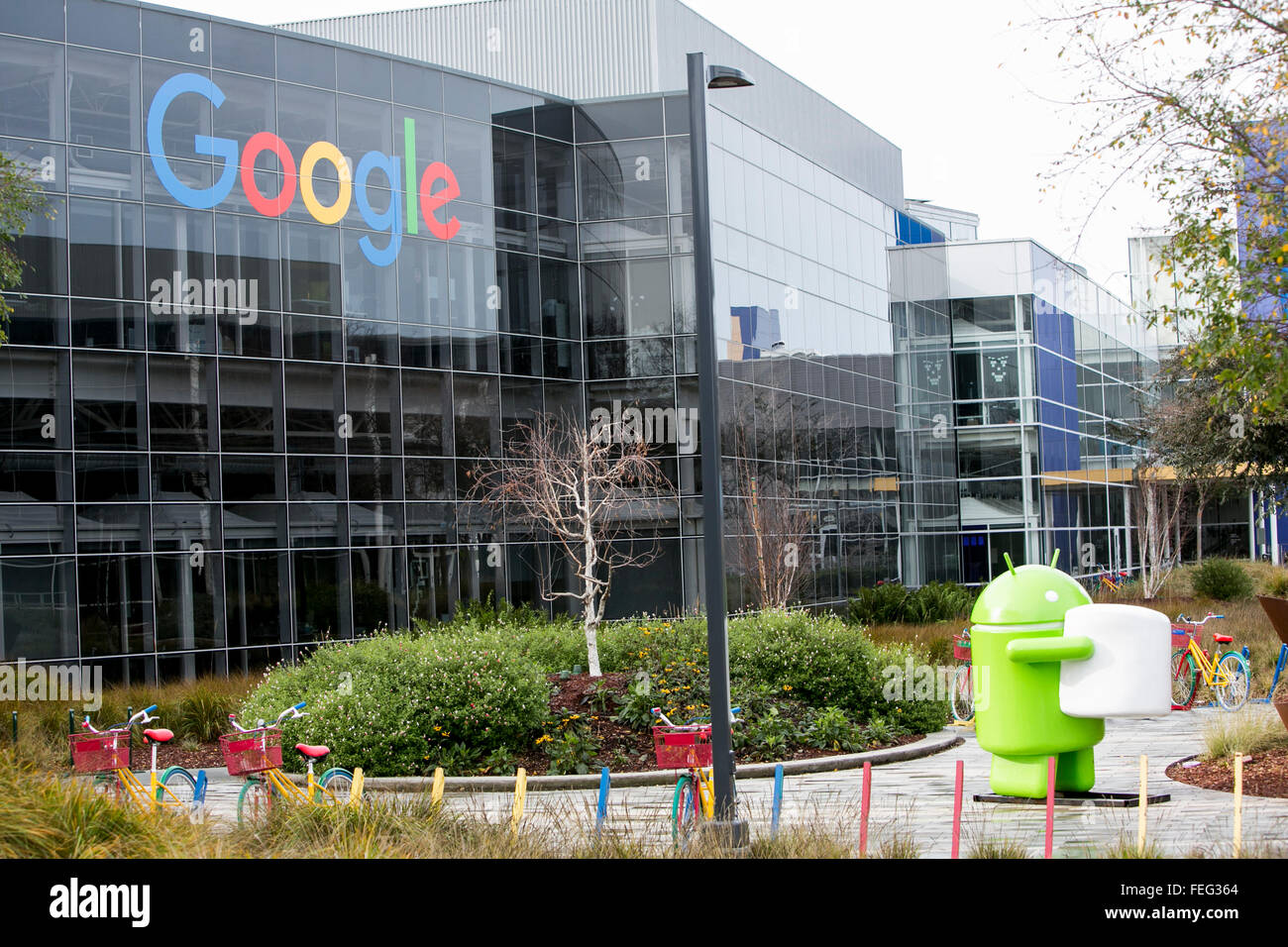 A logo sign outside of the headquarters of Google, also known as the ...