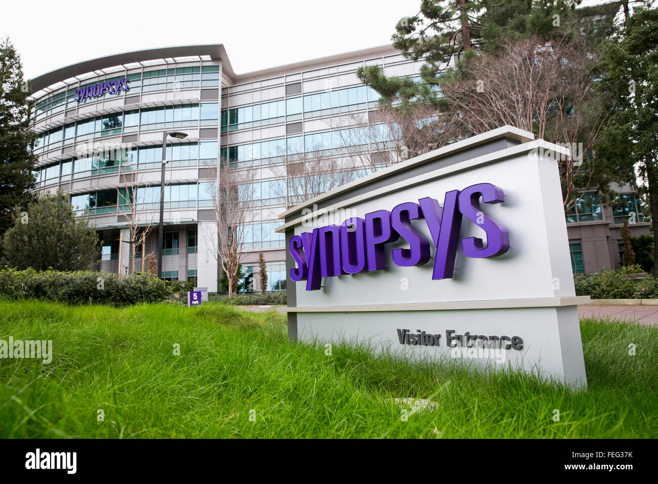 A logo sign outside of the headquarters of Synopsys, Inc., in Mountain View, California on ...