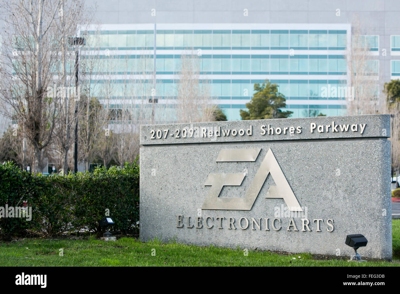 A logo sign outside of the headquarters of Electronic Arts in Redwood ...