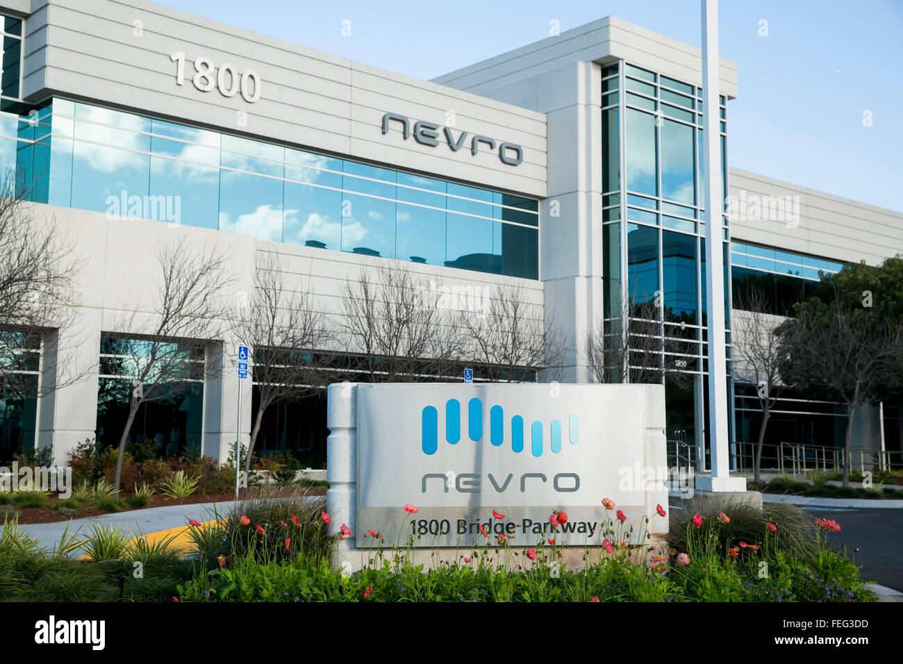A logo sign outside of the headquarters of Nevro in Redwood City ...