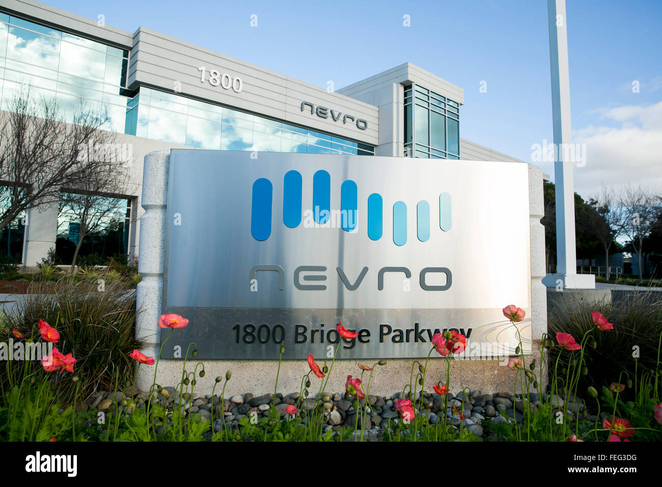 A logo sign outside of the headquarters of Nevro in Redwood City ...