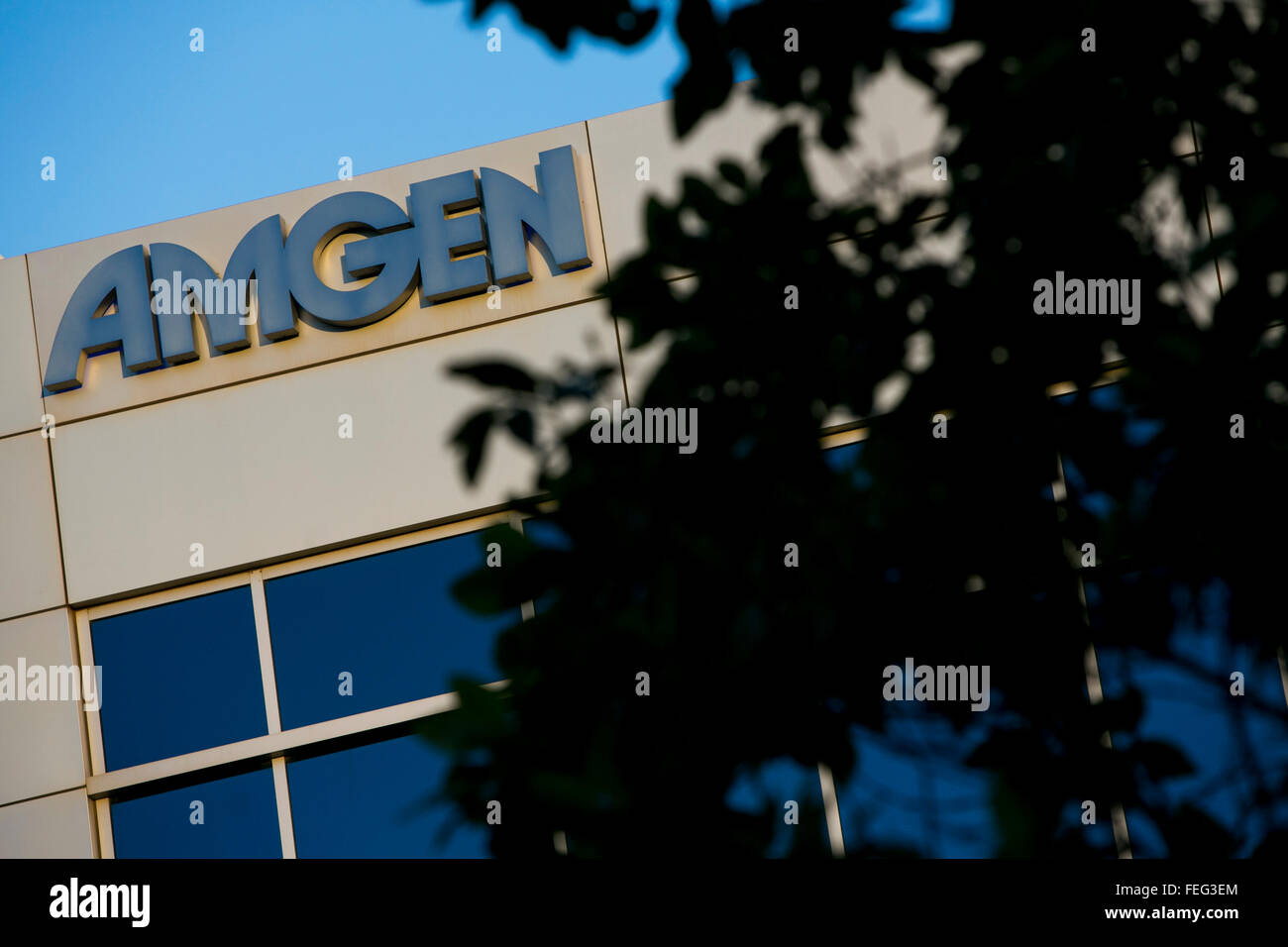 A logo sign outside of an office building occupied by Amgen in South ...