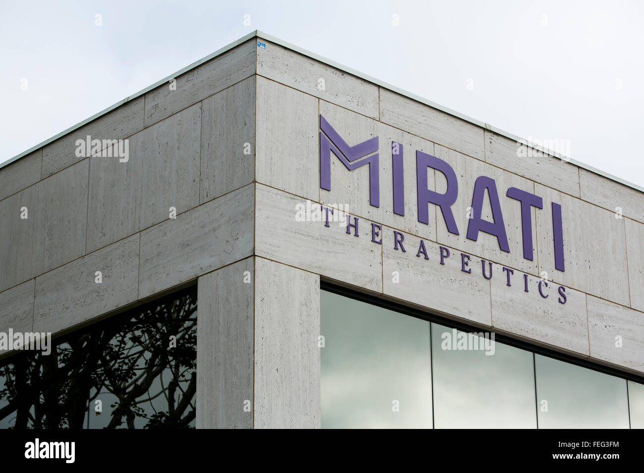 A logo sign outside of the headquarters of Mirati Therapeutics in San ...